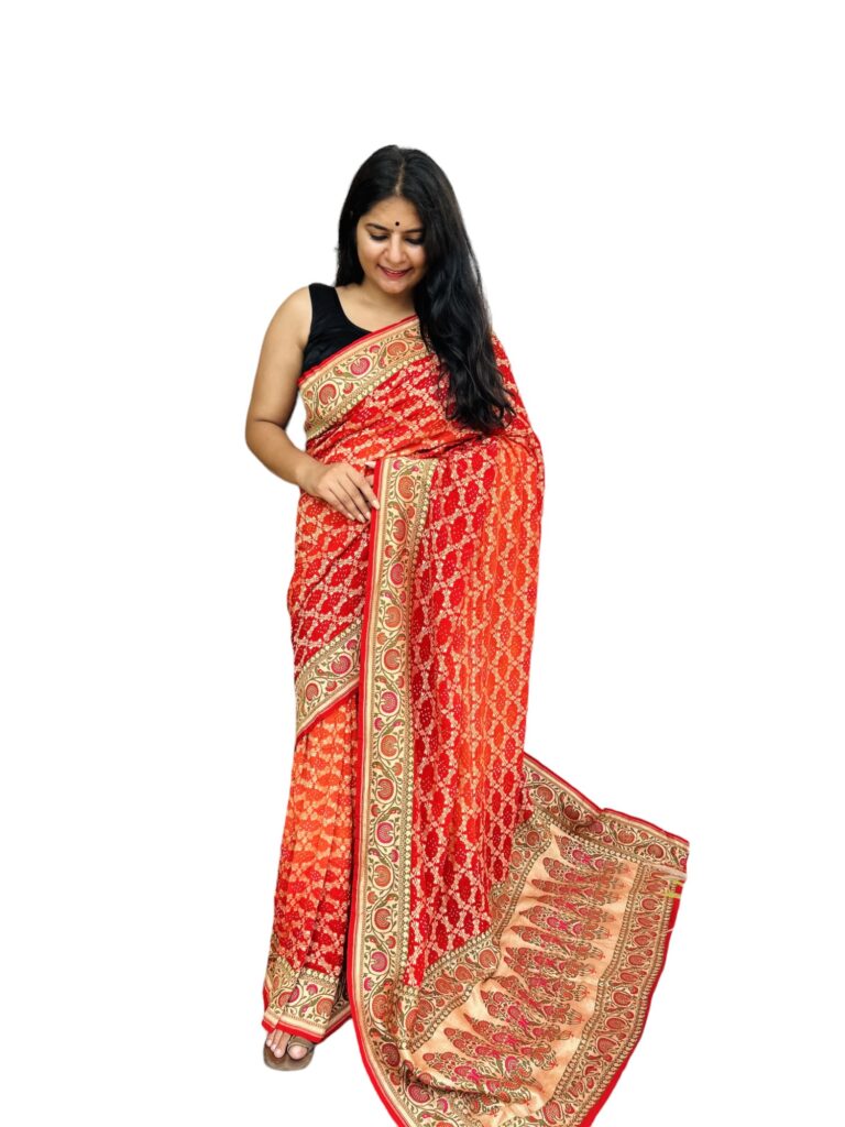 Red Orange Pure Georgette Tilfi with Rai Bandhej saree – Kalariti